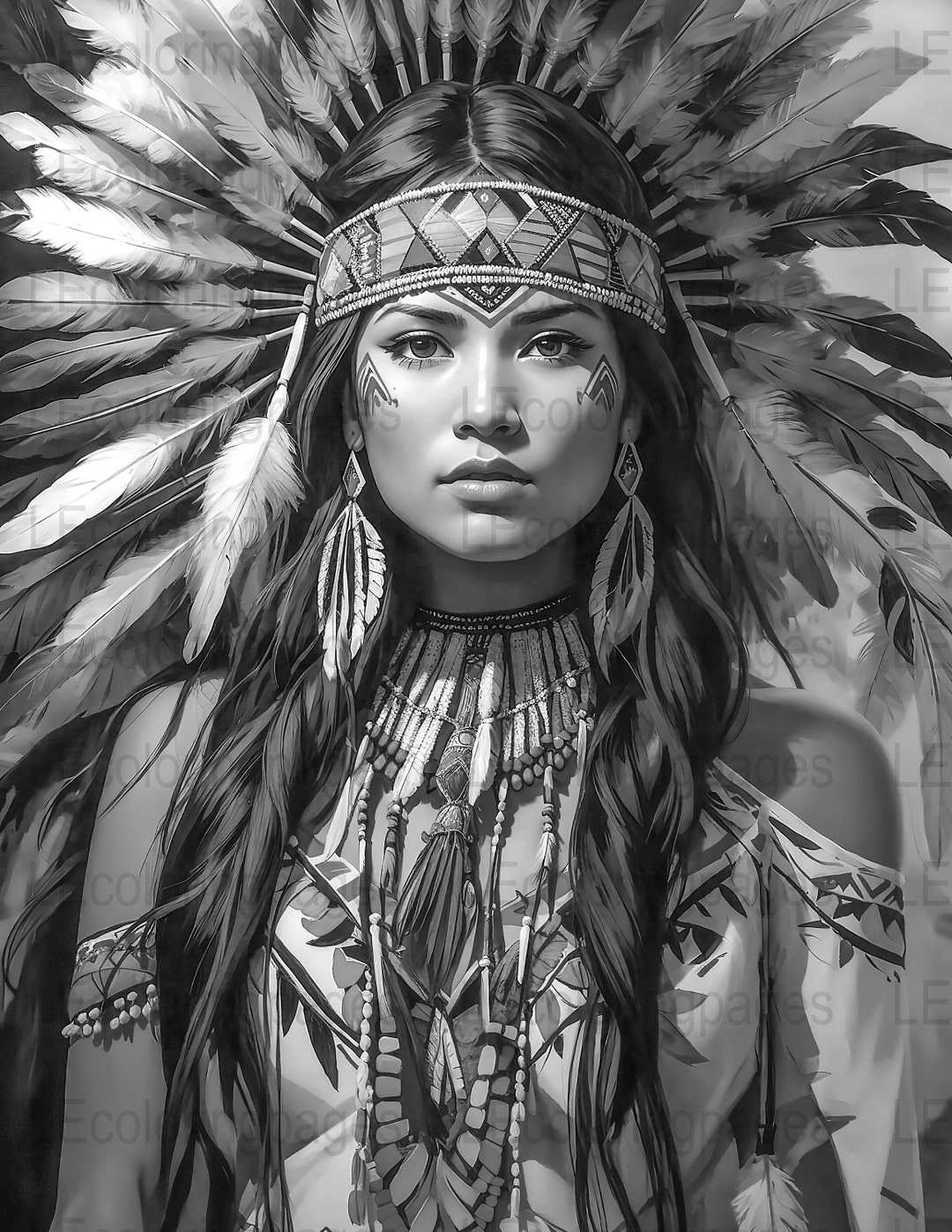 Native American Woman Coloring Page Grayscale Art Therapy Digital