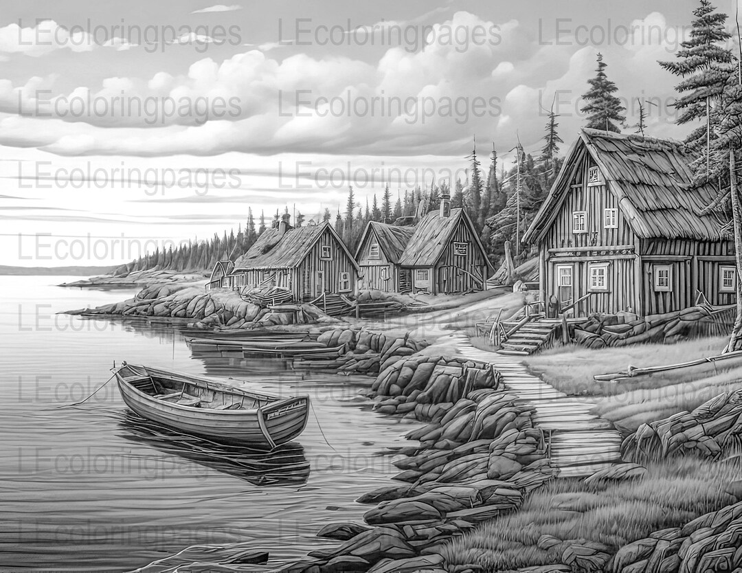 Scenic Lakeside Cabins Adult Coloring Page, Grayscale Nature Landscape ...