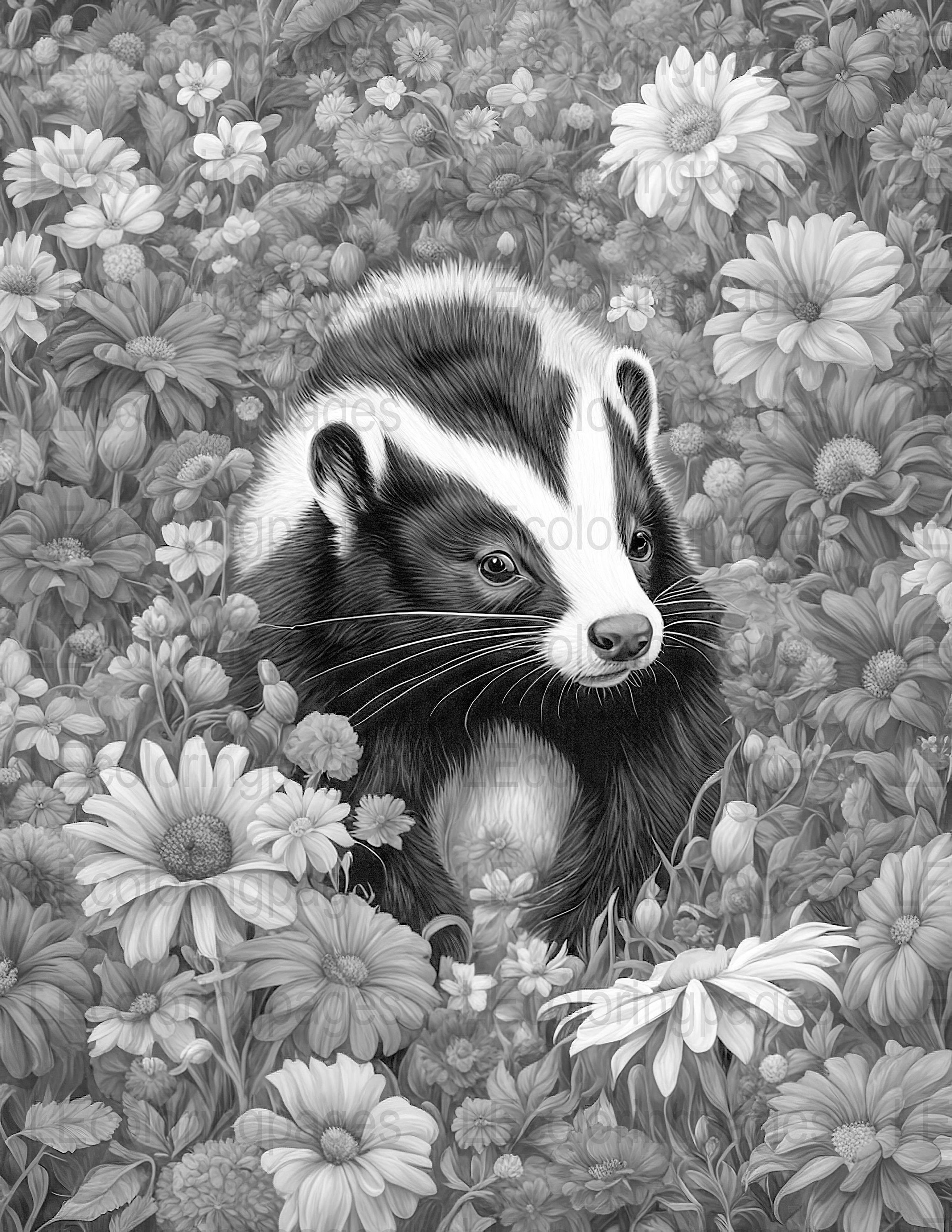 Adult Coloring Page, Printable Grayscale Badger, Floral Garden ...