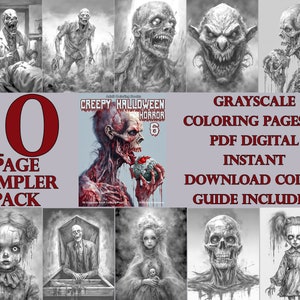 Creepy Halloween Horror 6, 10 Grayscale Coloring Pages, Instant ...