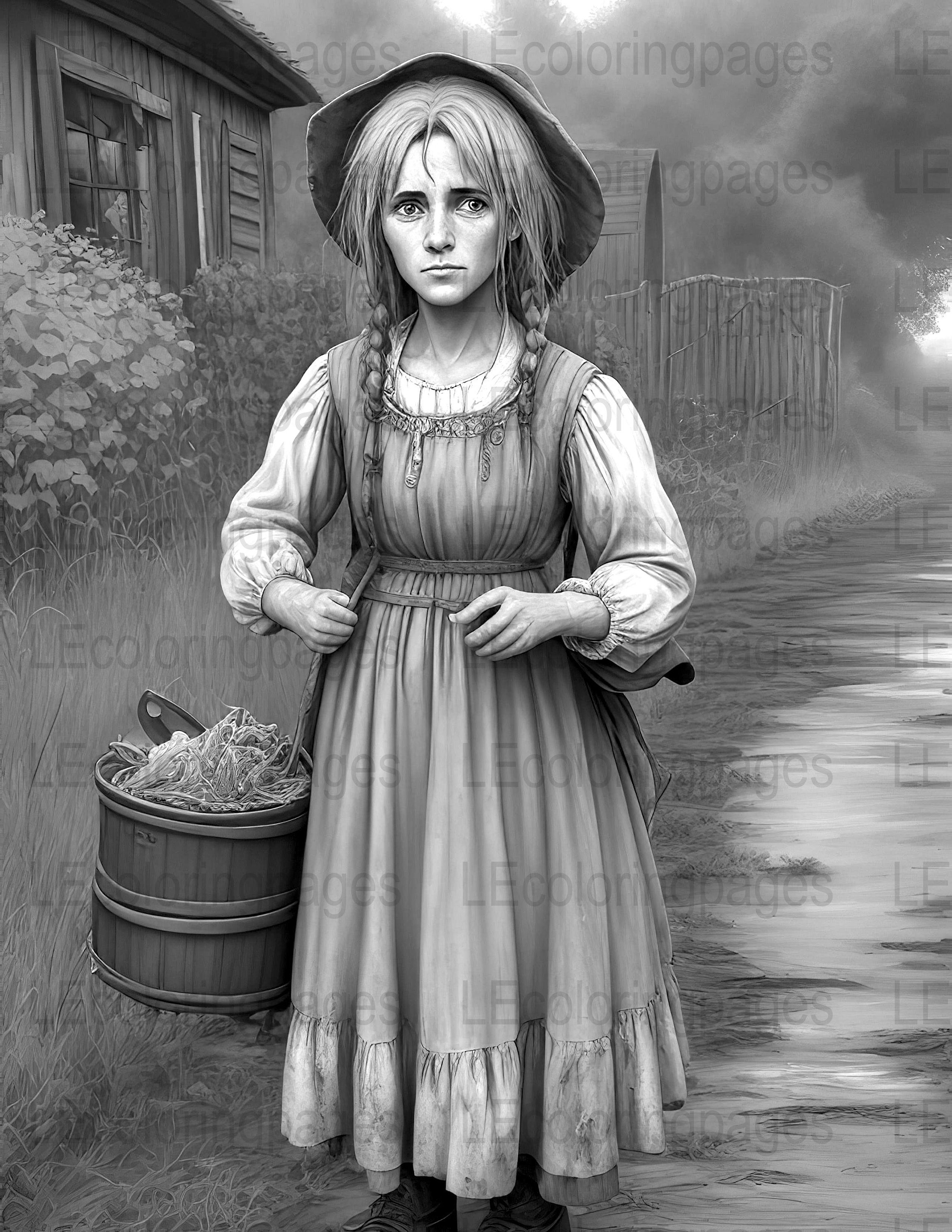 Rustic Farmhouse Scene Adult Coloring Page, Grayscale Digital Download ...