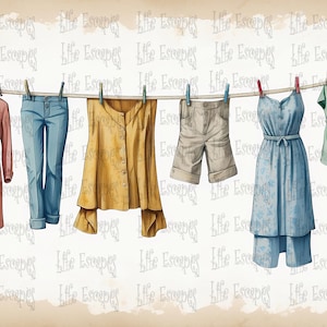 Vintage Laundry Clothesline Clipart Set, Watercolor Clothes ...