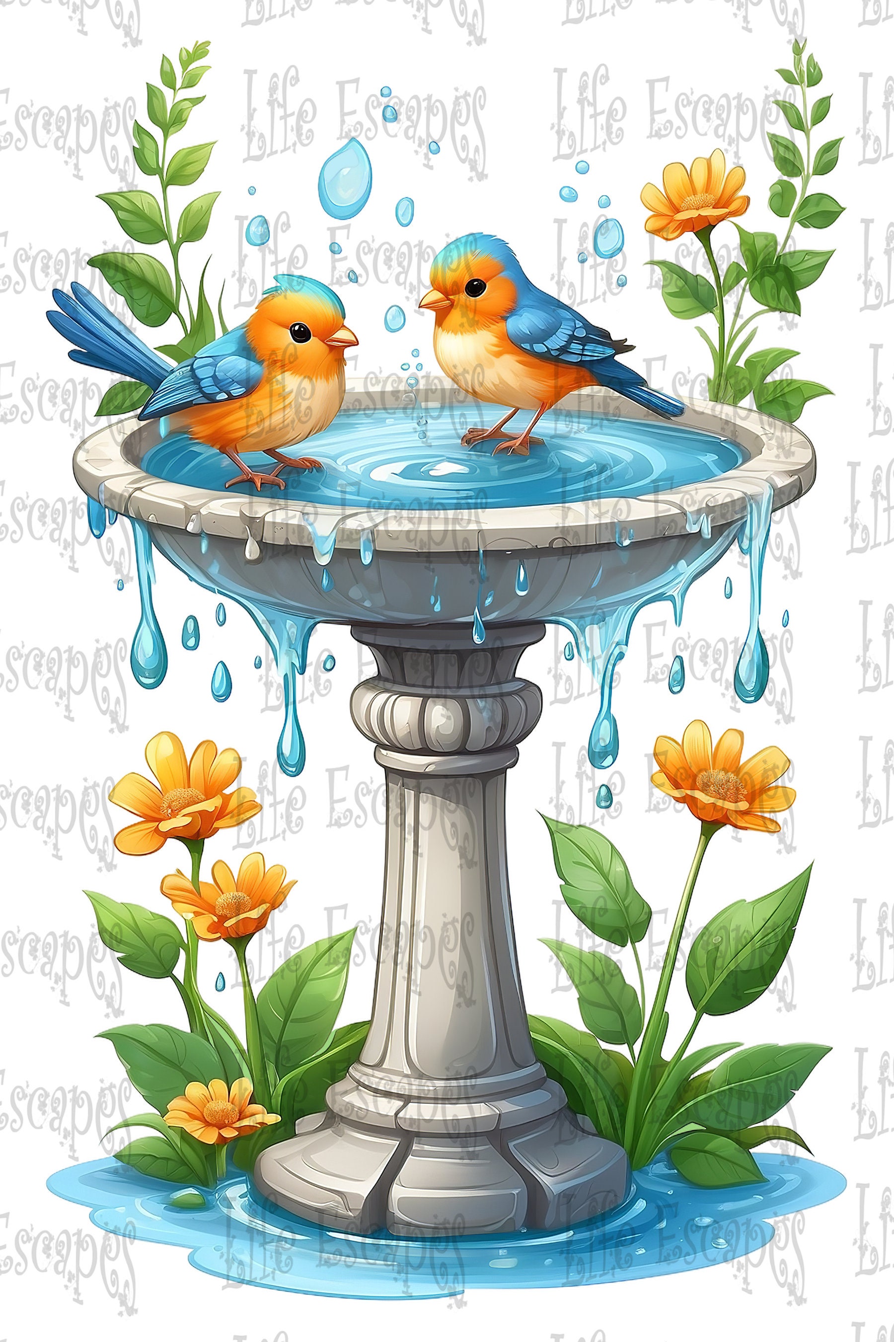 Bird Bath Watercolor Clipart Set, Fountain With Birds, Garden ...