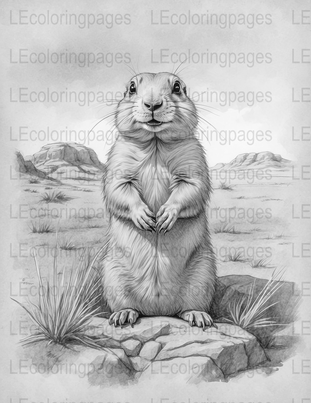 Printable Adult Coloring Page, Grayscale Prairie Dog Illustration ...