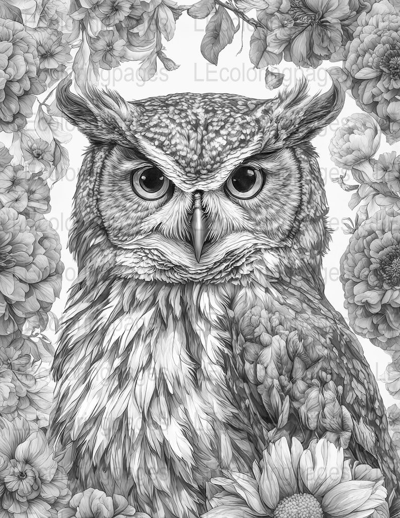 Adult Coloring Page Printable, Grayscale Owl and Flowers, Stress Relief ...