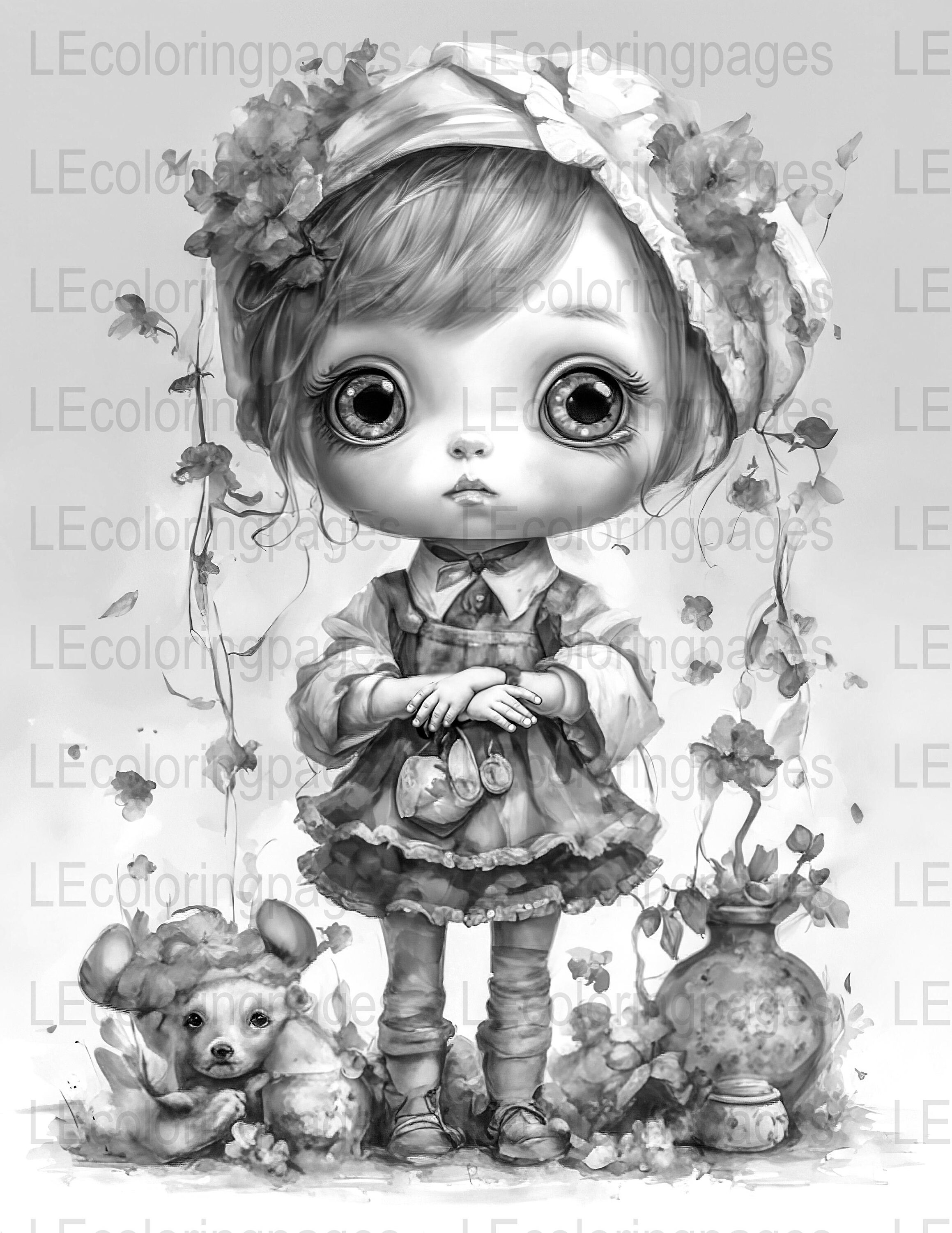 Grayscale Adult Coloring Page, Cute Doll and Mouse, Printable PDF ...