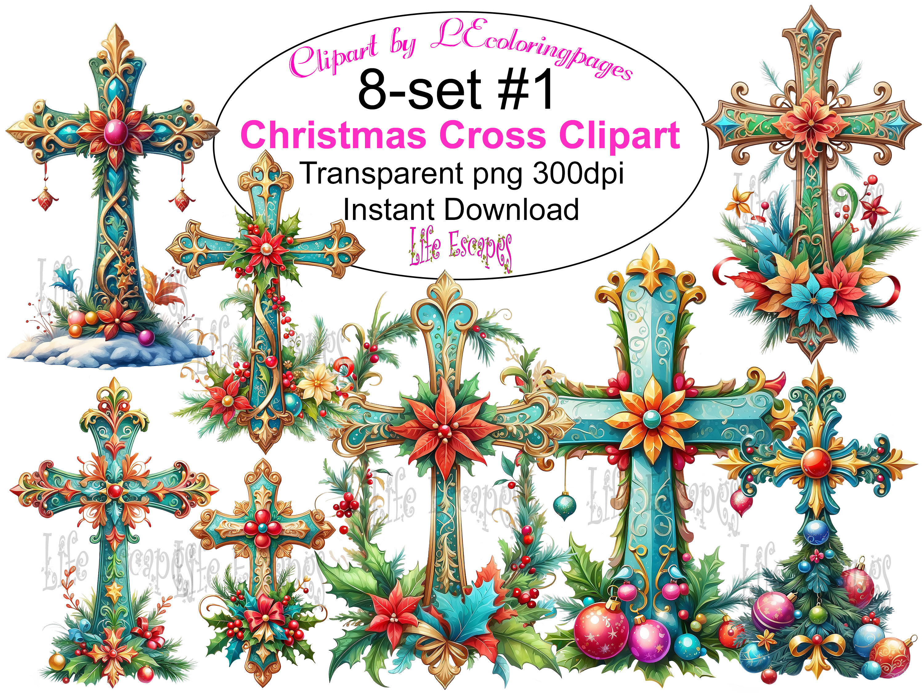 Printable Christmas Crosses Clipart Set Set 1, PNG, Commercial Use ...