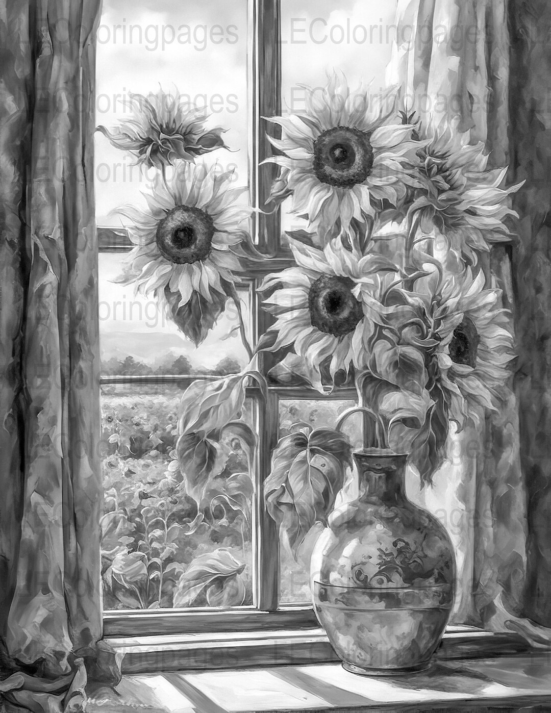 Sunflowers Grayscale Coloring Page for Adults 60 Instant - Etsy