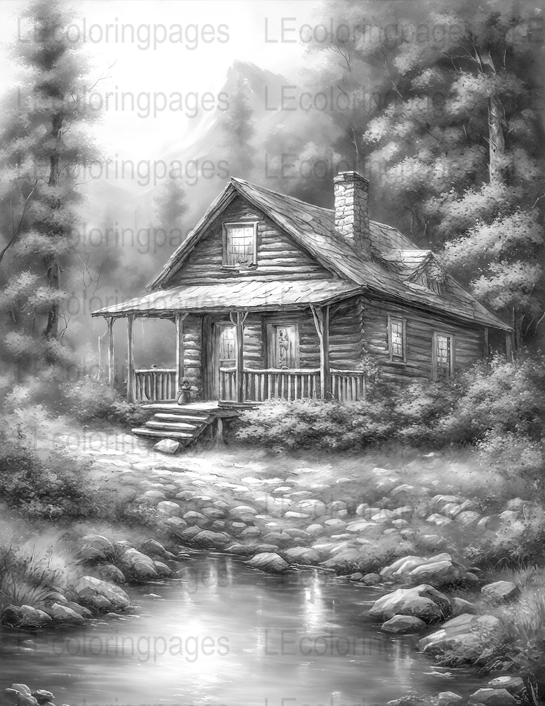 Hunting Cabin Grayscale Coloring Page for Adults #66 - Instant Download ...