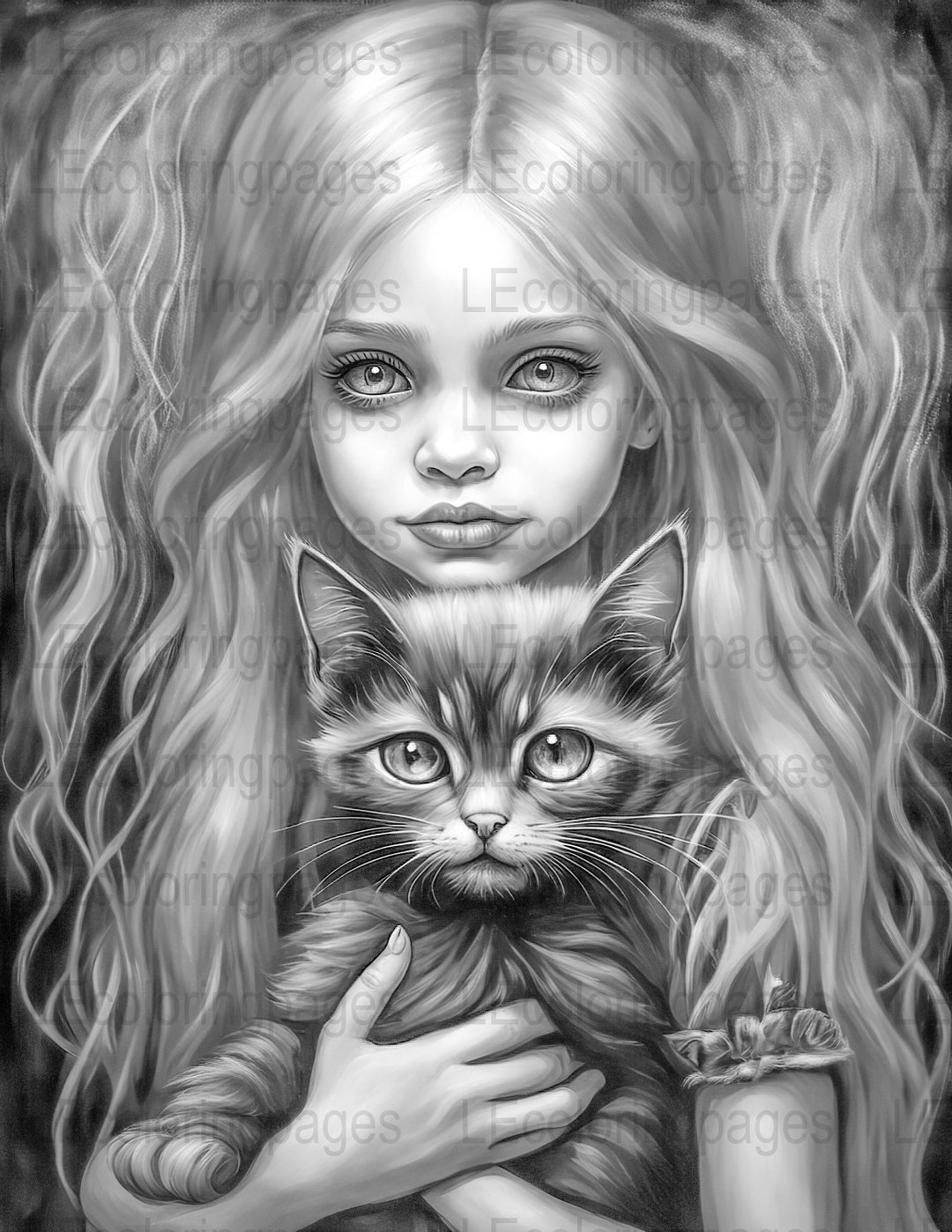 Gothic Cat Girl Grayscale Coloring Page for Adults #20 - Instant ...