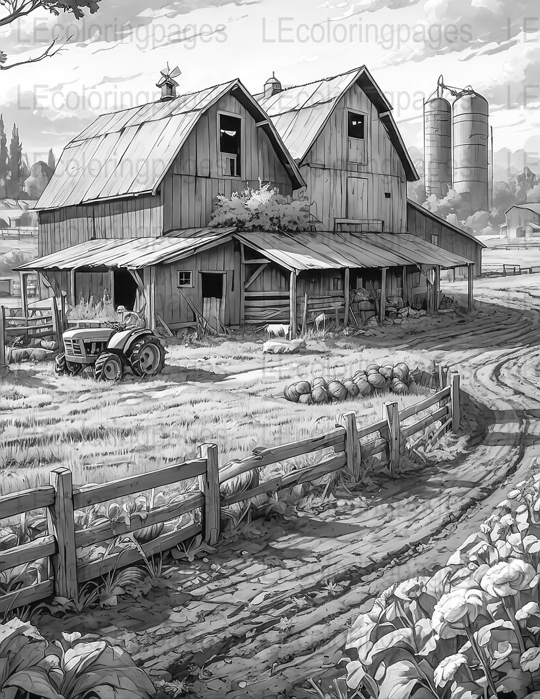 Rustic Farmhouse Grayscale Coloring Page, Countryside Barn Digital JPG ...