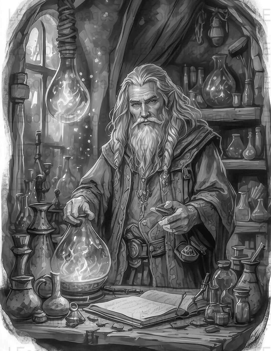 Grayscale Wizard Alchemist Lab Printable Coloring Page for Adults ...