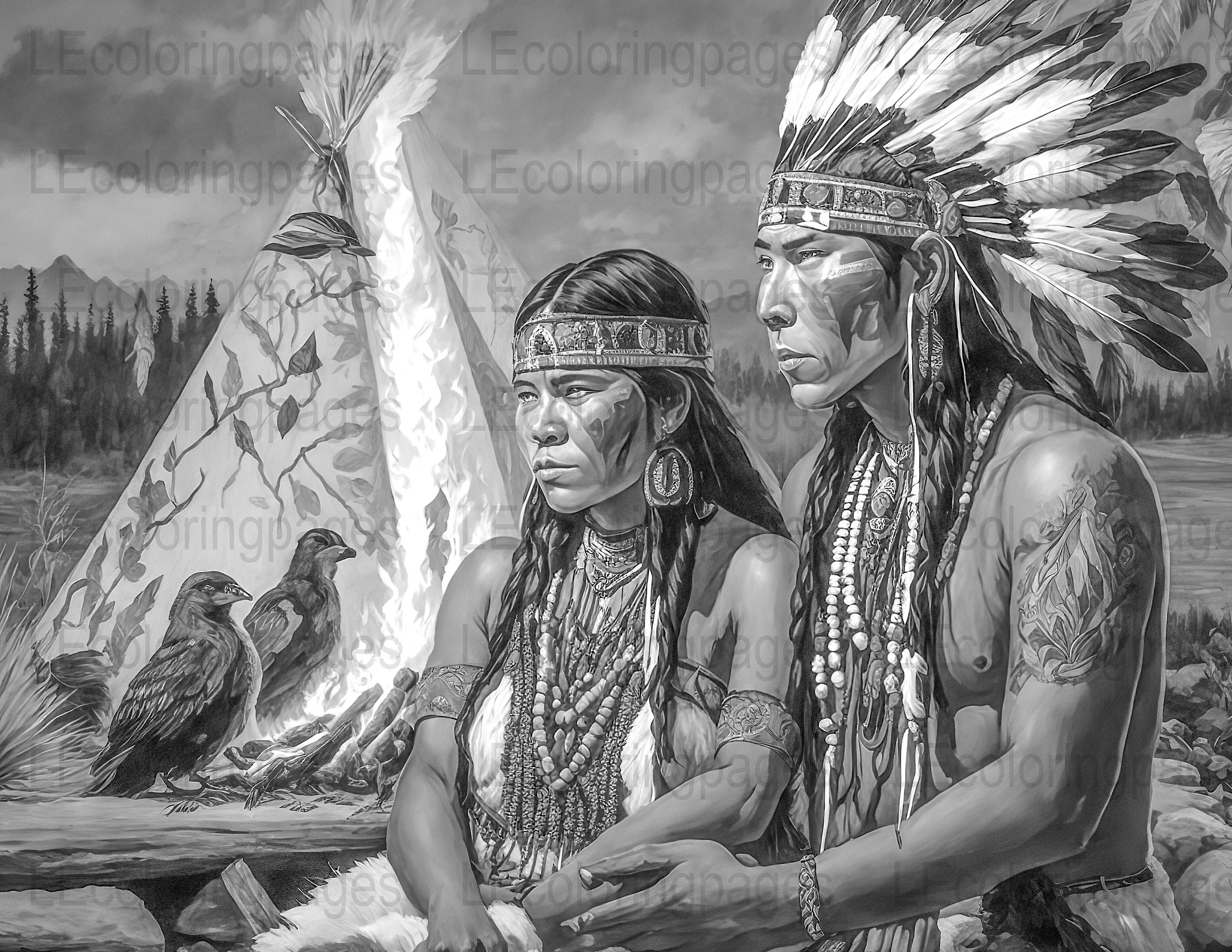 Native American Indians Grayscale Coloring Page for Adults 86 - Etsy