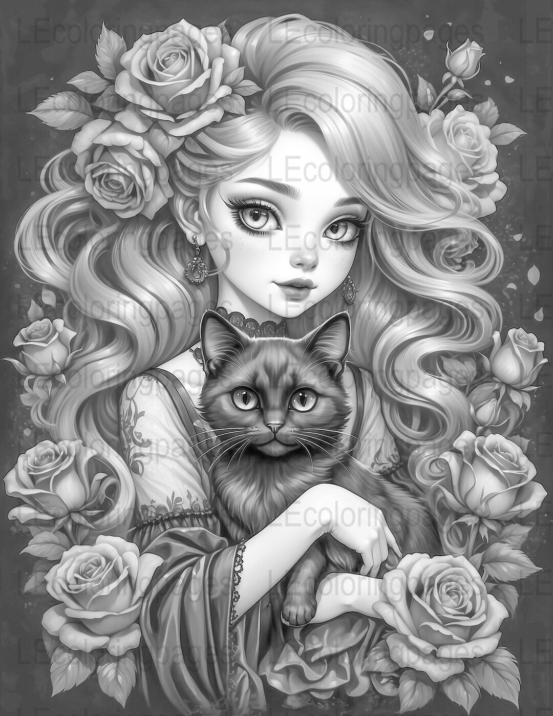 Gothic Cat Girl Grayscale Coloring Page for Adults #52 - Instant ...