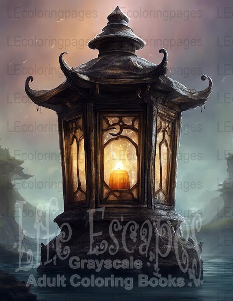 Fantasy Lantern Coloring Page for Adults, Grayscale Art (instant ...