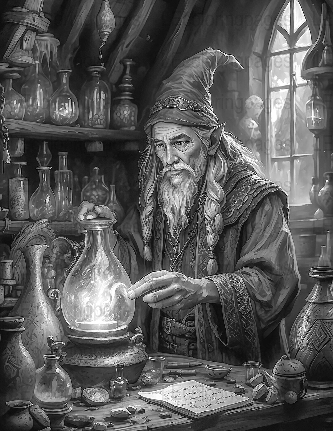 Enchanted Wizard Alchemy Lab Printable Adult Coloring Page, Detailed ...