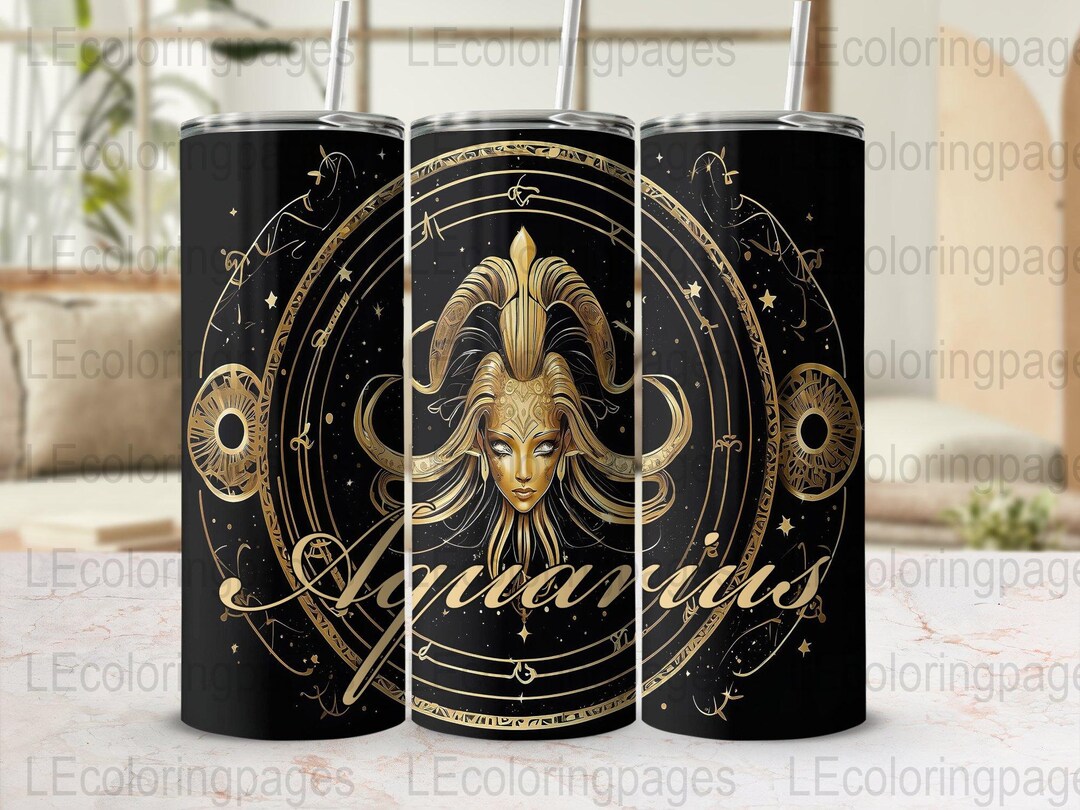 Zodiac Aquarius 20oz Skinny Tumbler Wrap, Astrology Gold Black Design ...