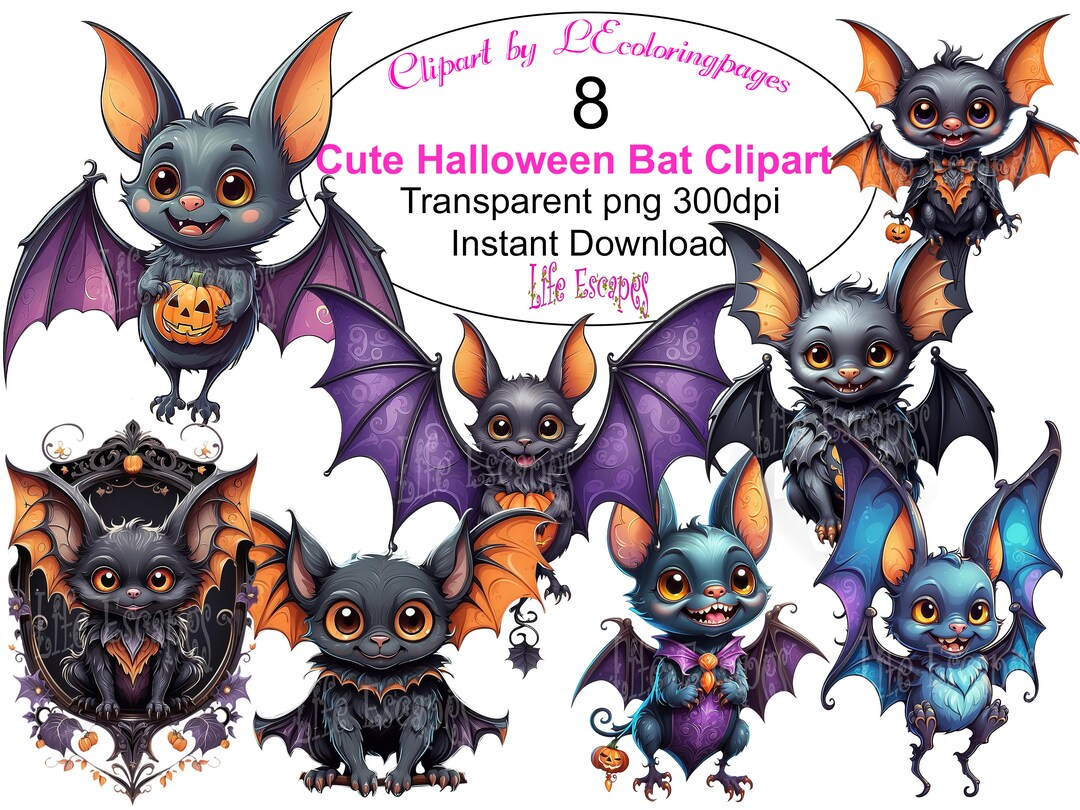 Cute Halloween Bat Clipart, Instant Download, Transparent PNG, Digital ...