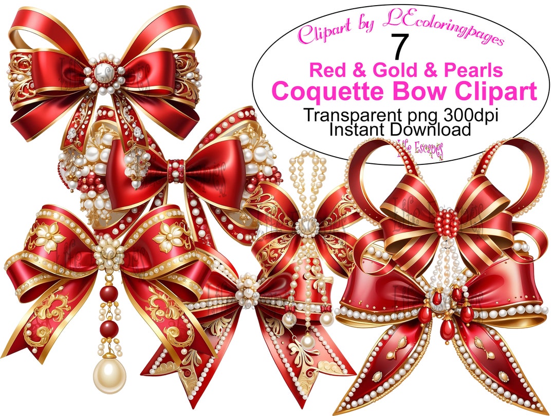 Red and Gold Bow Clipart Set, Coquette Bow With Pearls, Digital ...