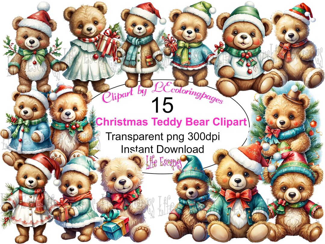Printable Christmas Teddy Bears Clipart Set - Set #1, PNG, Commercial ...