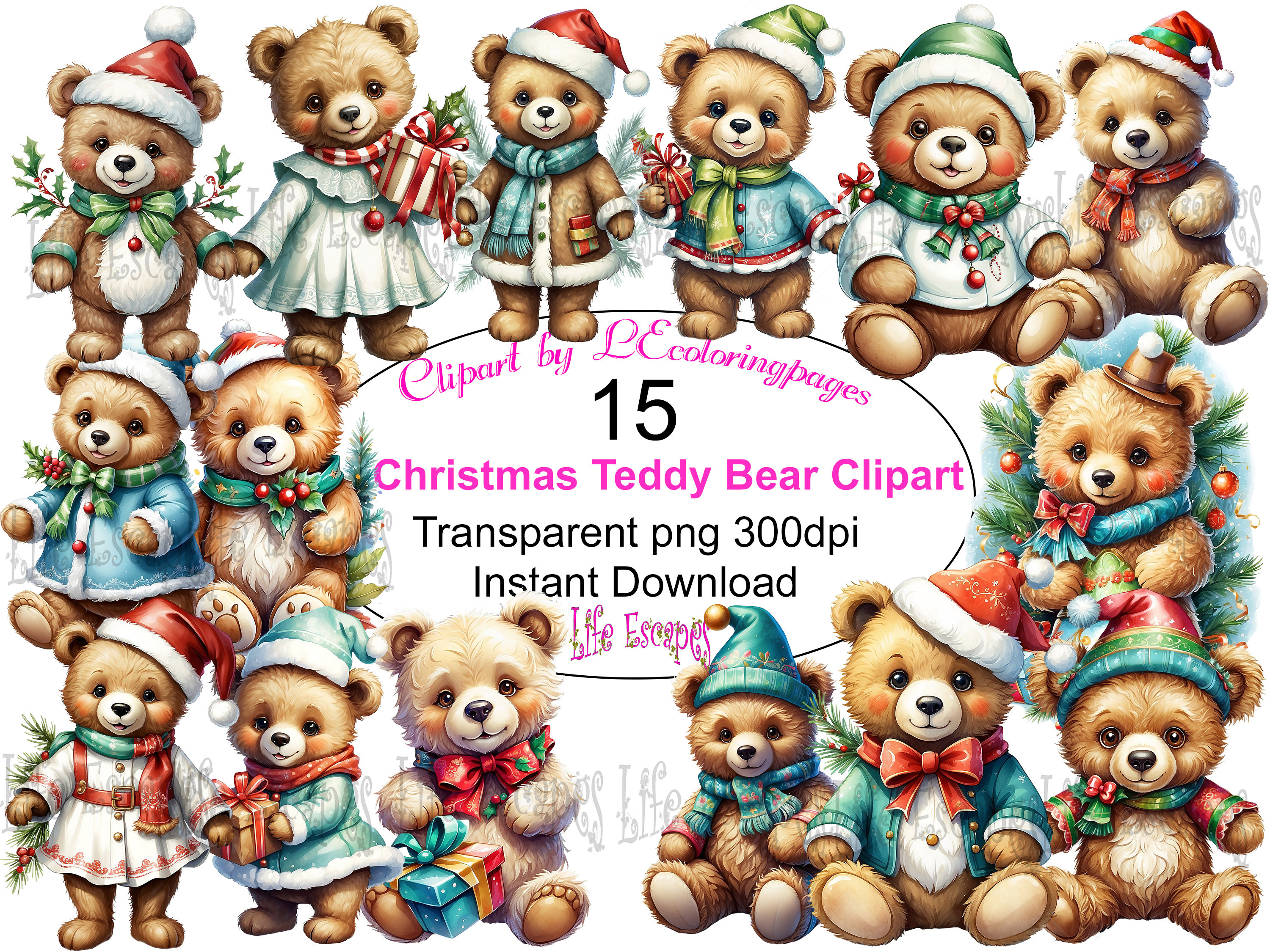 Printable Christmas Teddy Bears Clipart Set Set 1, PNG, Commercial Use ...