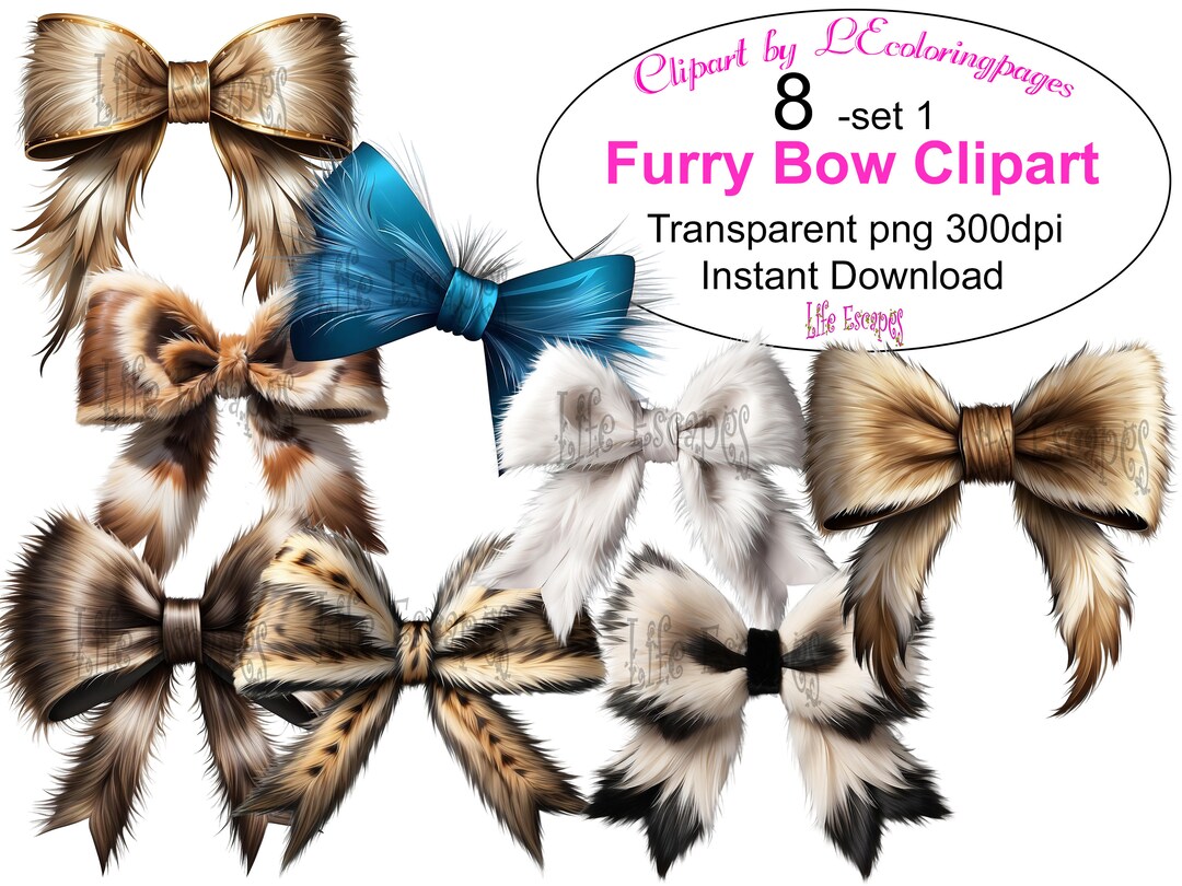 Furry Bow Clipart Set, Animal Print Bows, Digital Download, PNG ...