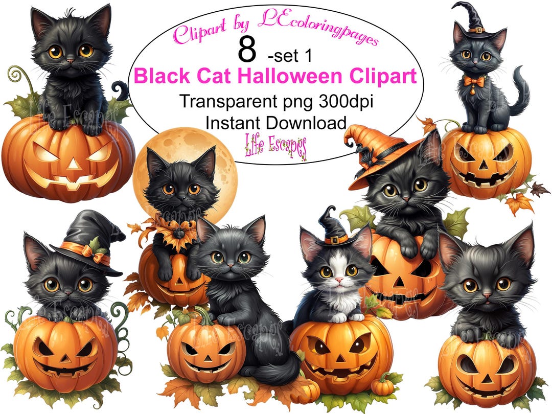 Black Cat Halloween Clipart Set, Cute Cat Pumpkin Art, Transparent PNG ...