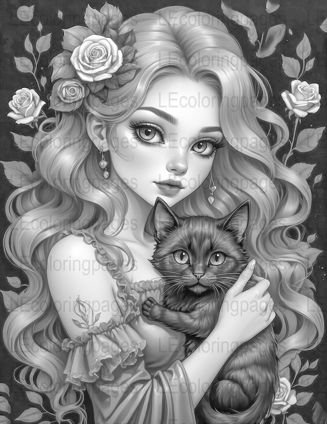 Gothic Cat Girl Grayscale Coloring Page for Adults #54 - Instant ...