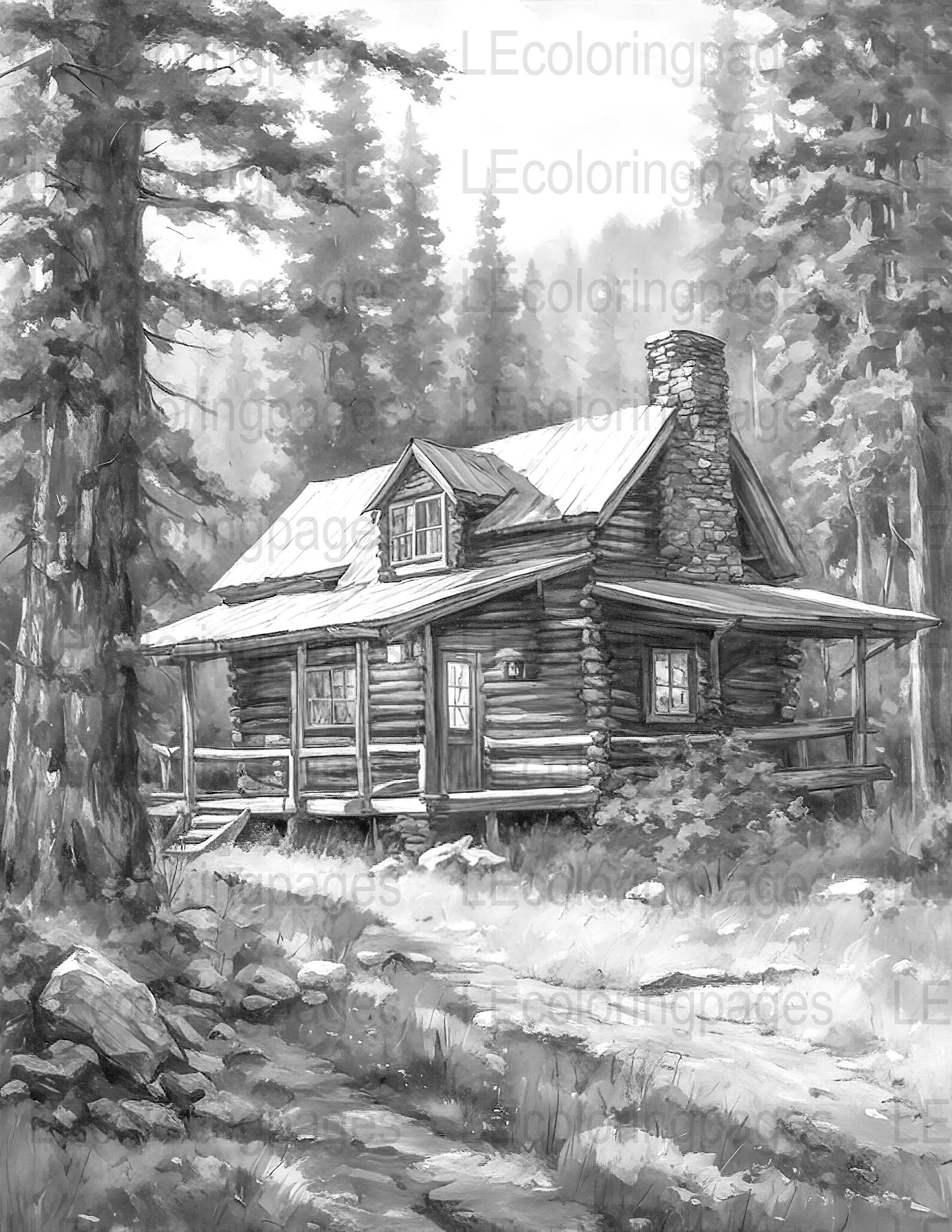 Hunting Cabin Grayscale Coloring Page – Rustic Forest Art (digital ...