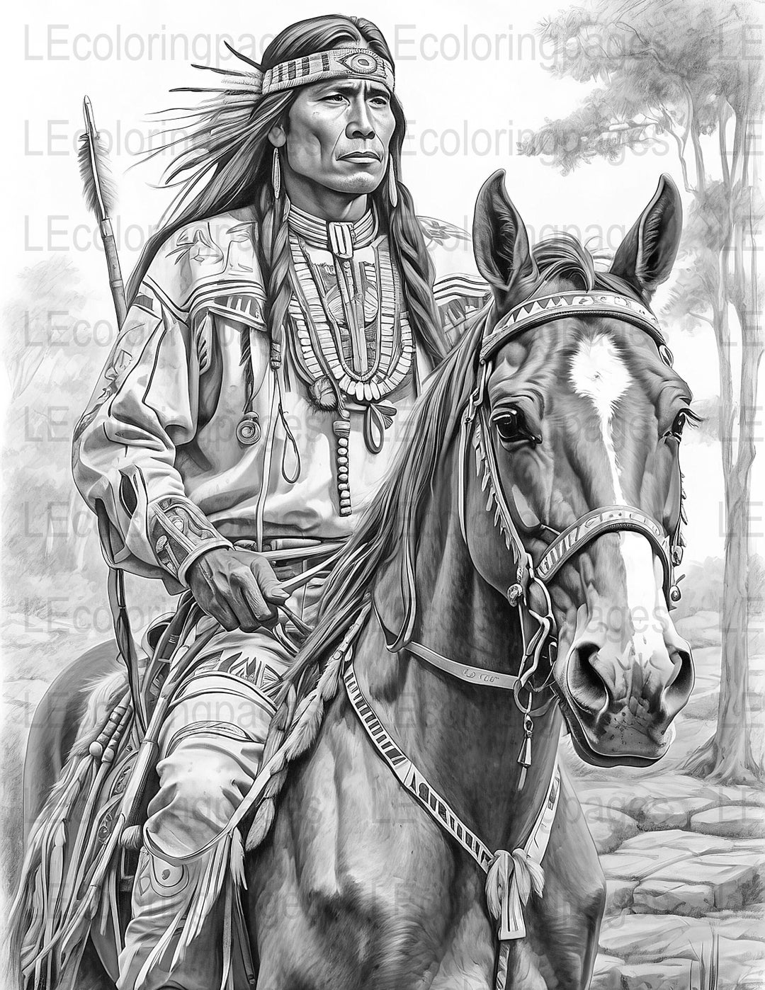 Native American Warrior on Horse Grayscale Coloring Page, Adult Stress ...