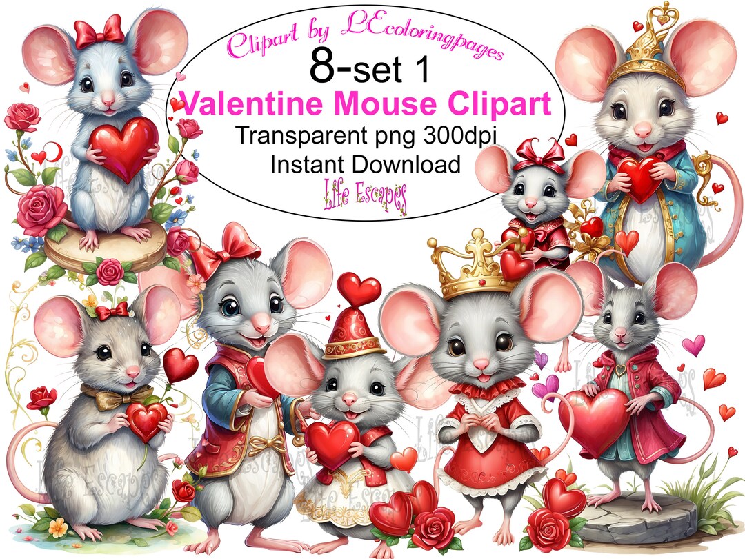 Printable Valentine Mouse Clipart Bundle - Set #1, PNG, Commercial Use ...