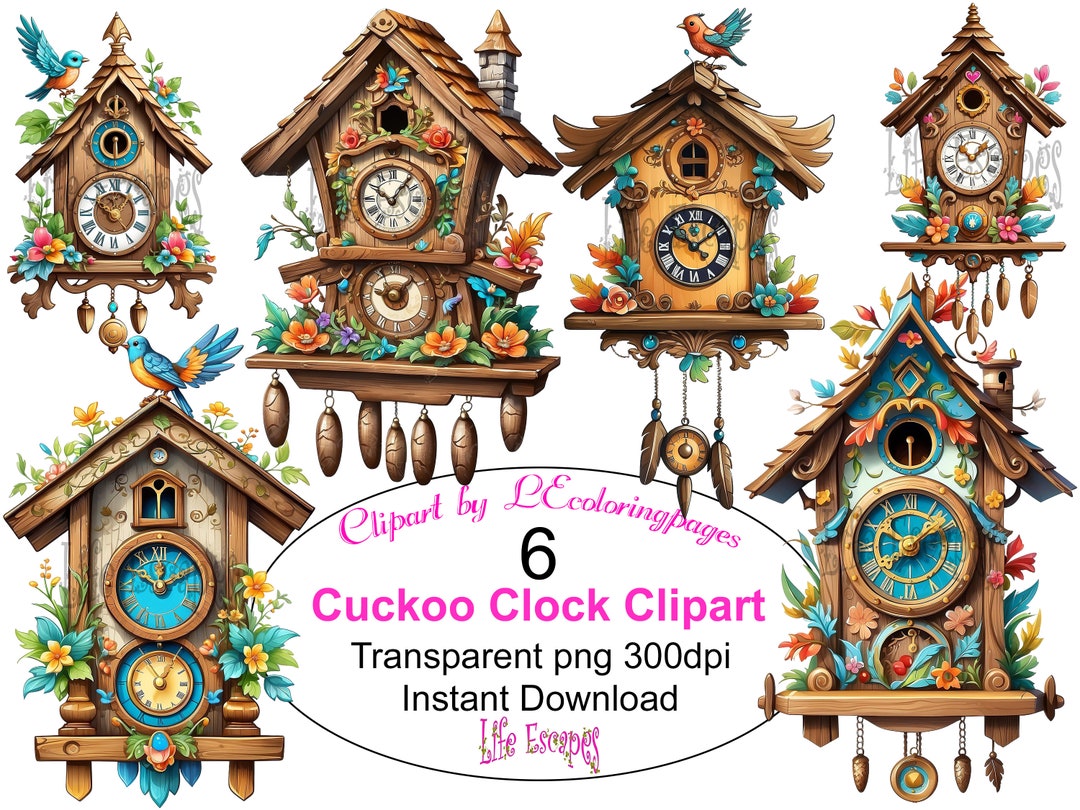 Printable Floral Cuckoo Clock Clipart Bundle - Set #3, PNG, Commercial ...