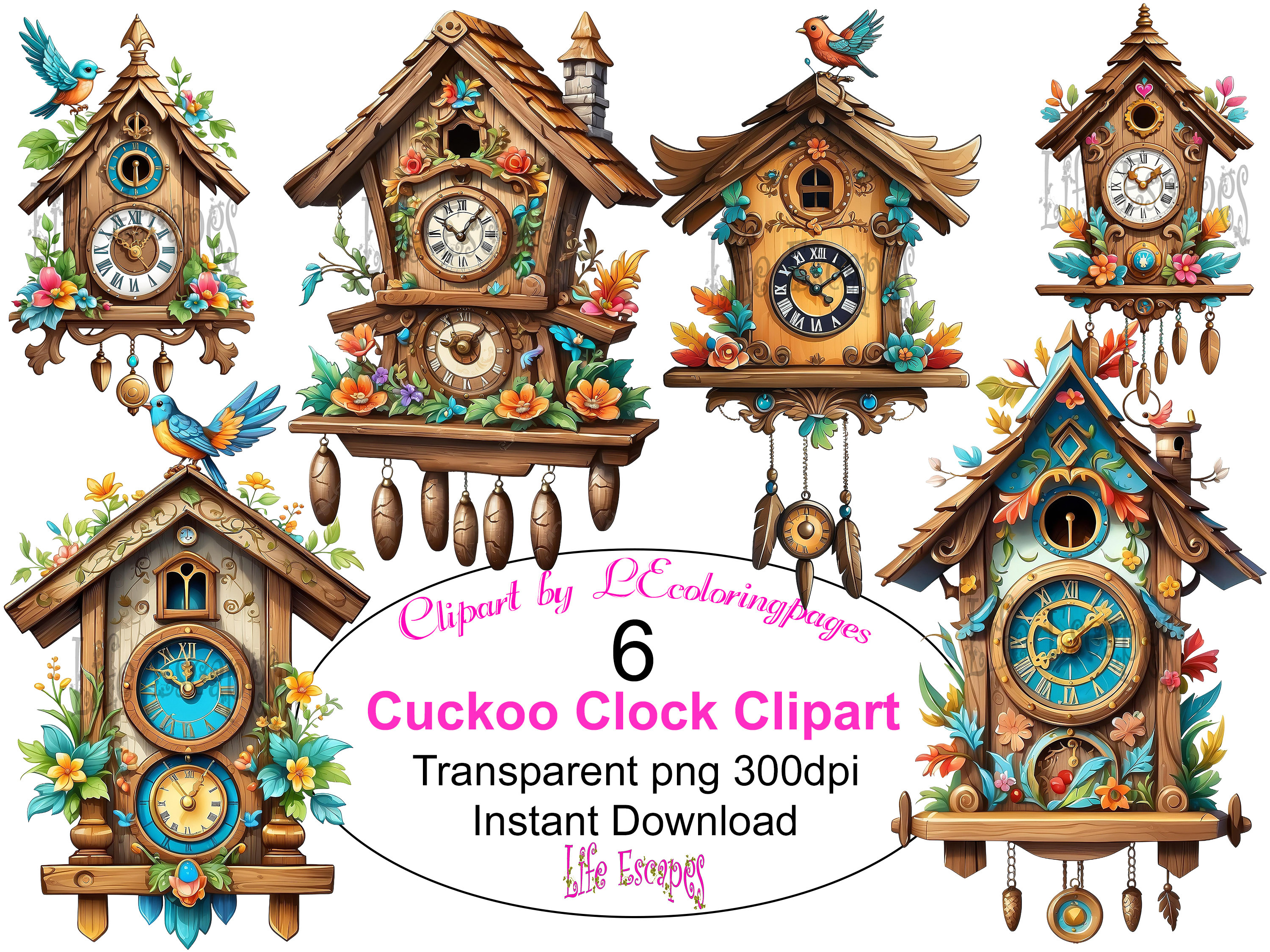 Printable Floral Cuckoo Clock Clipart Bundle Set 3, PNG, Commercial Use ...