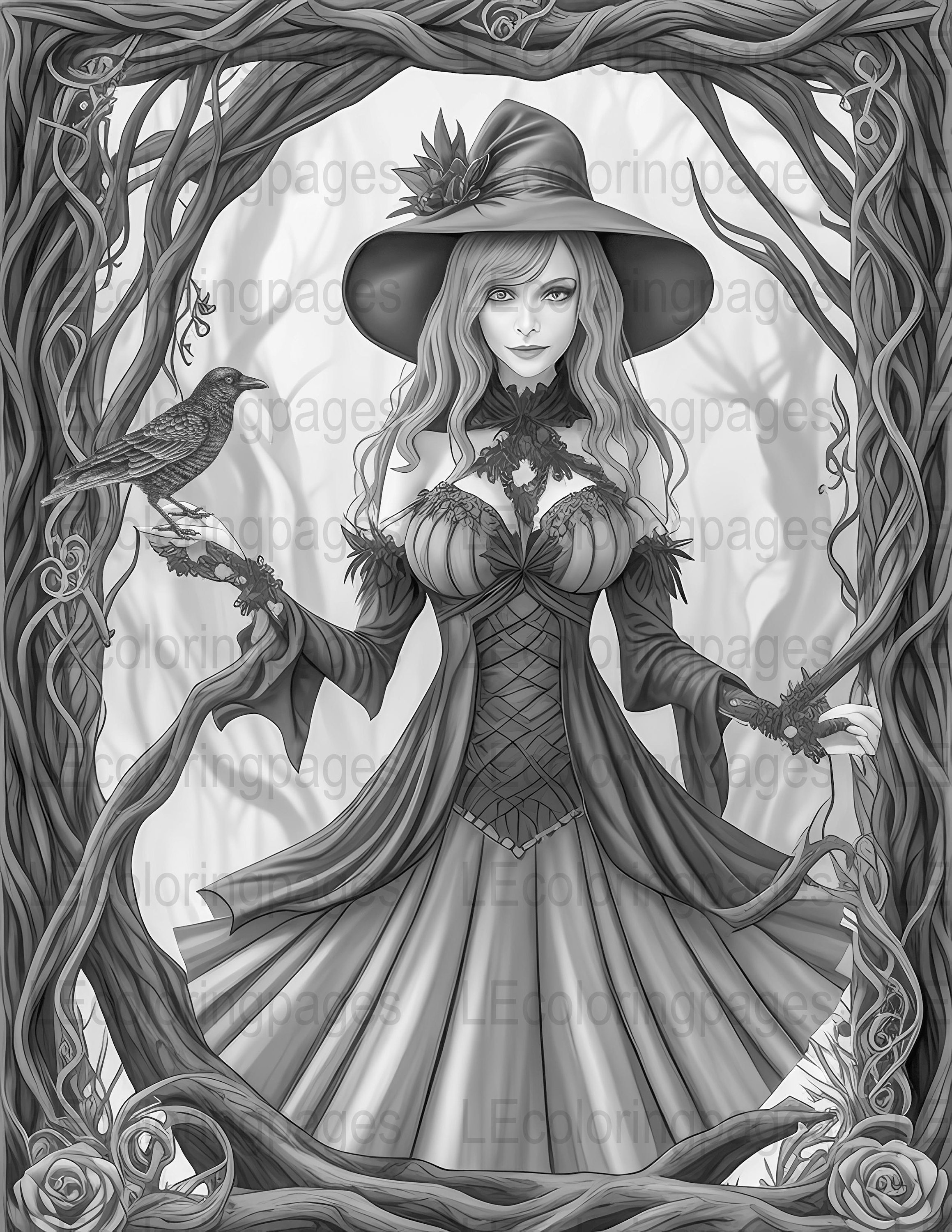 Halloween Coloring Page for Adults, Grayscale Witch PDF Instant ...