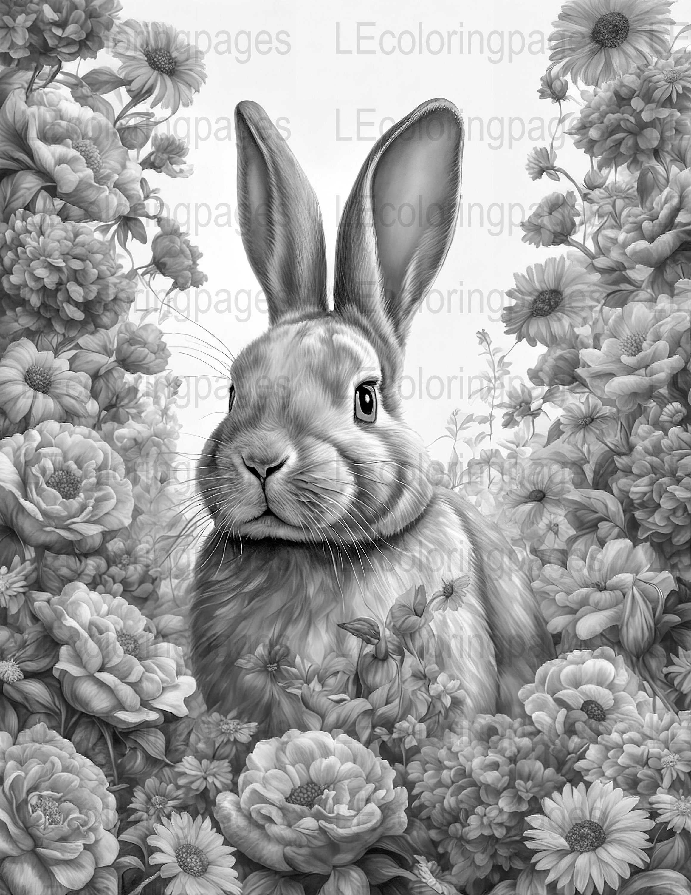 Adult Coloring Page Grayscale Bunny, Printable Floral Rabbit Artwork ...