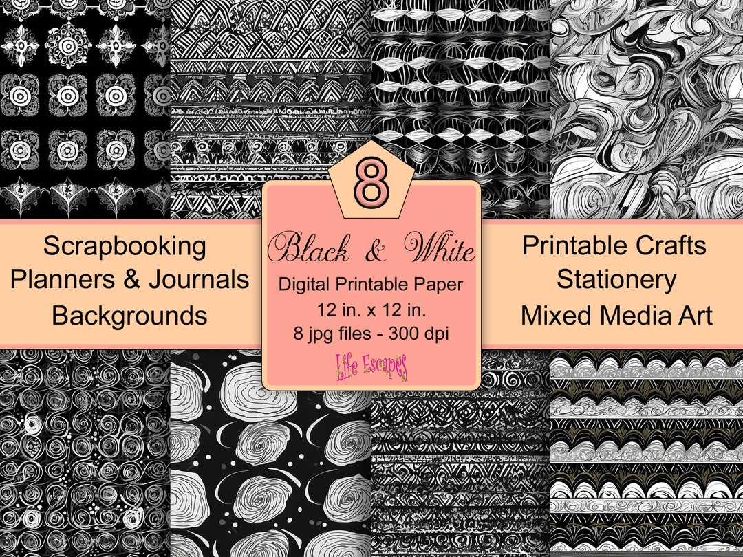 Black & White Digital Paper Pack, Printable Scrapbook Background, 12x12 ...