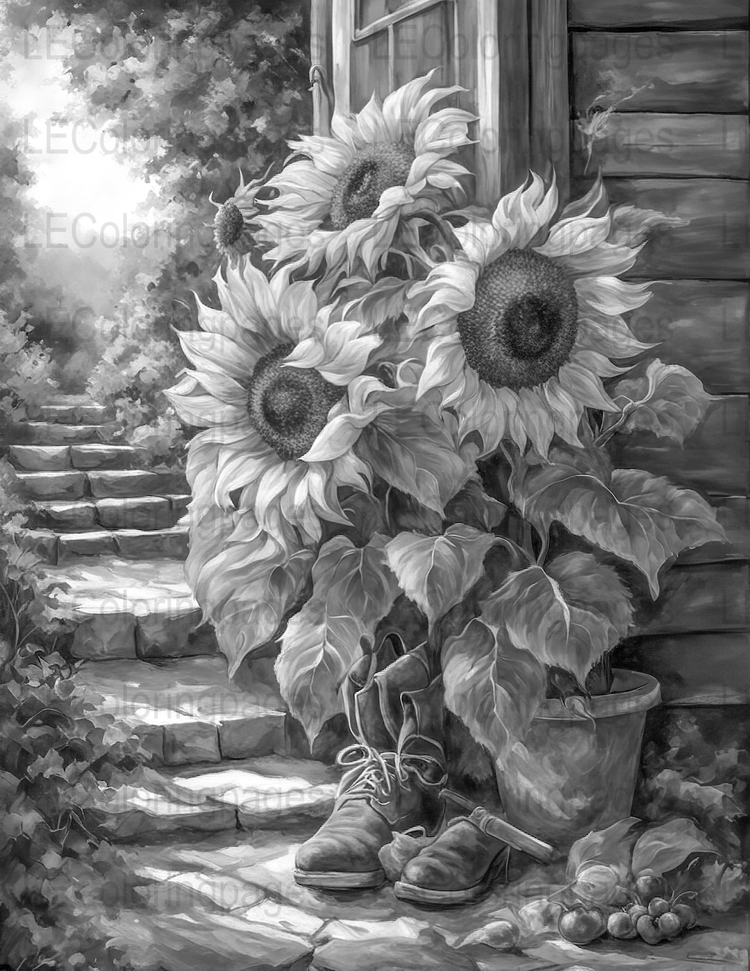 Sunflowers Grayscale Coloring Page for Adults #80 Instant Download ...