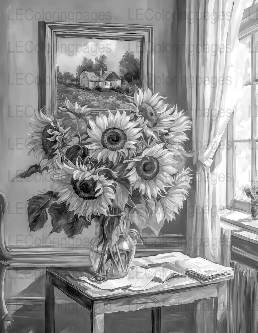 Sunflowers Grayscale Coloring Page for Adults #4 Instant Download ...