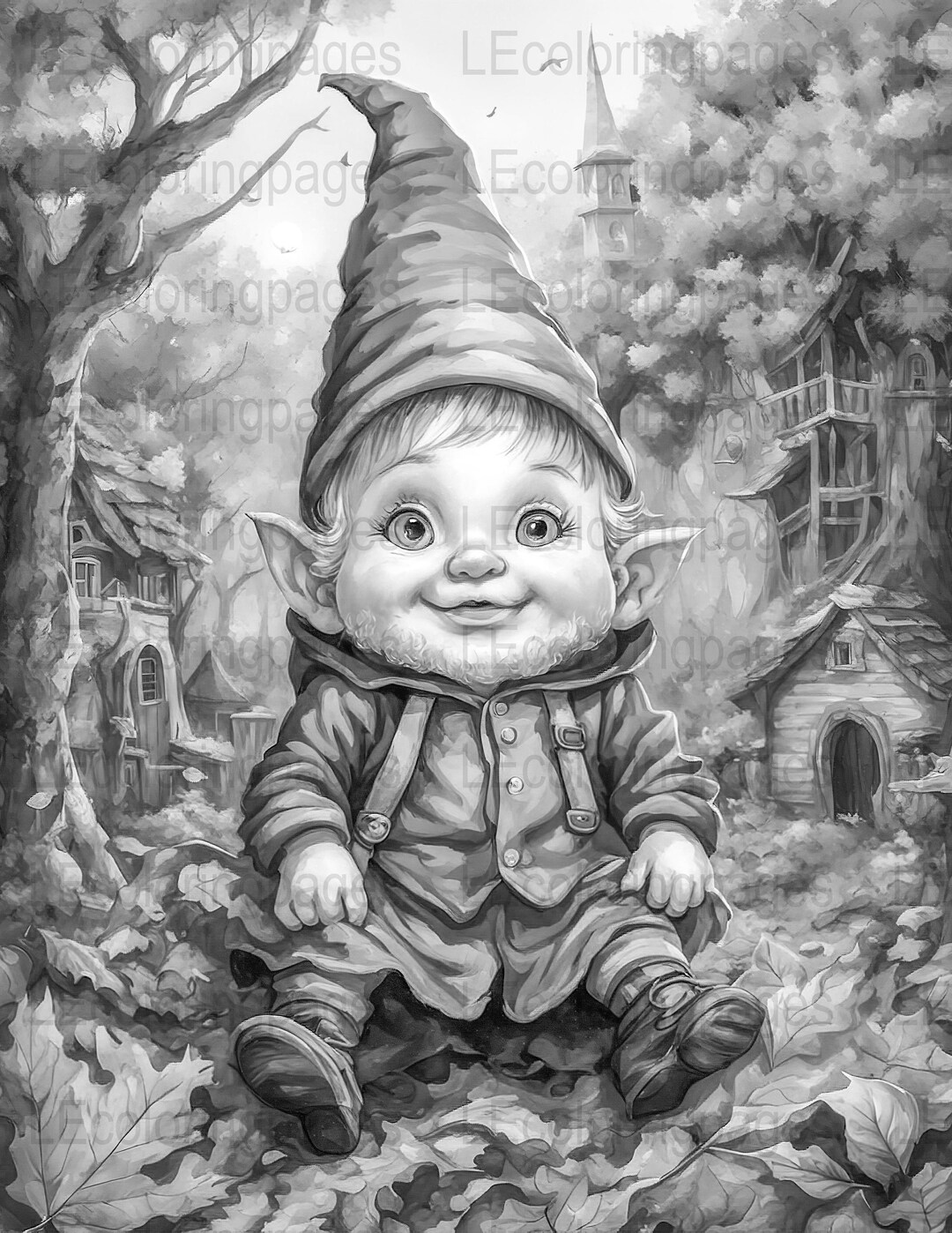 Autumn Gnome Grayscale Coloring Page for Adults 30 Printable Instant ...