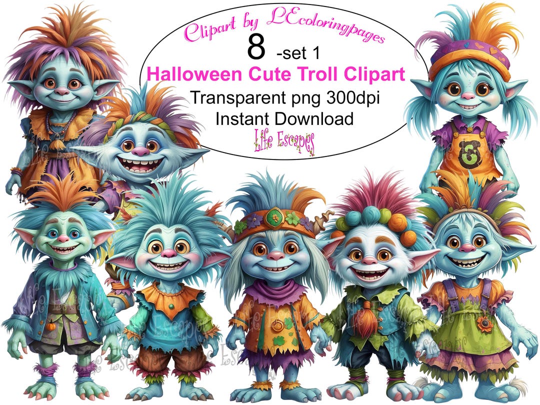 Halloween Cute Troll Clipart Bundle, 8 Troll Cliparts, Instant Download ...