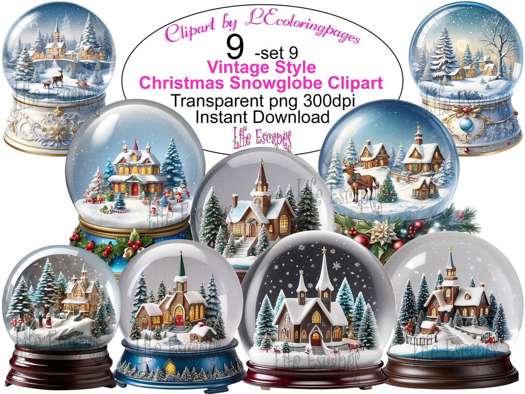 Vintage Style Christmas Snowglobe Clipart Set 9 Commercial Use POD Use ...