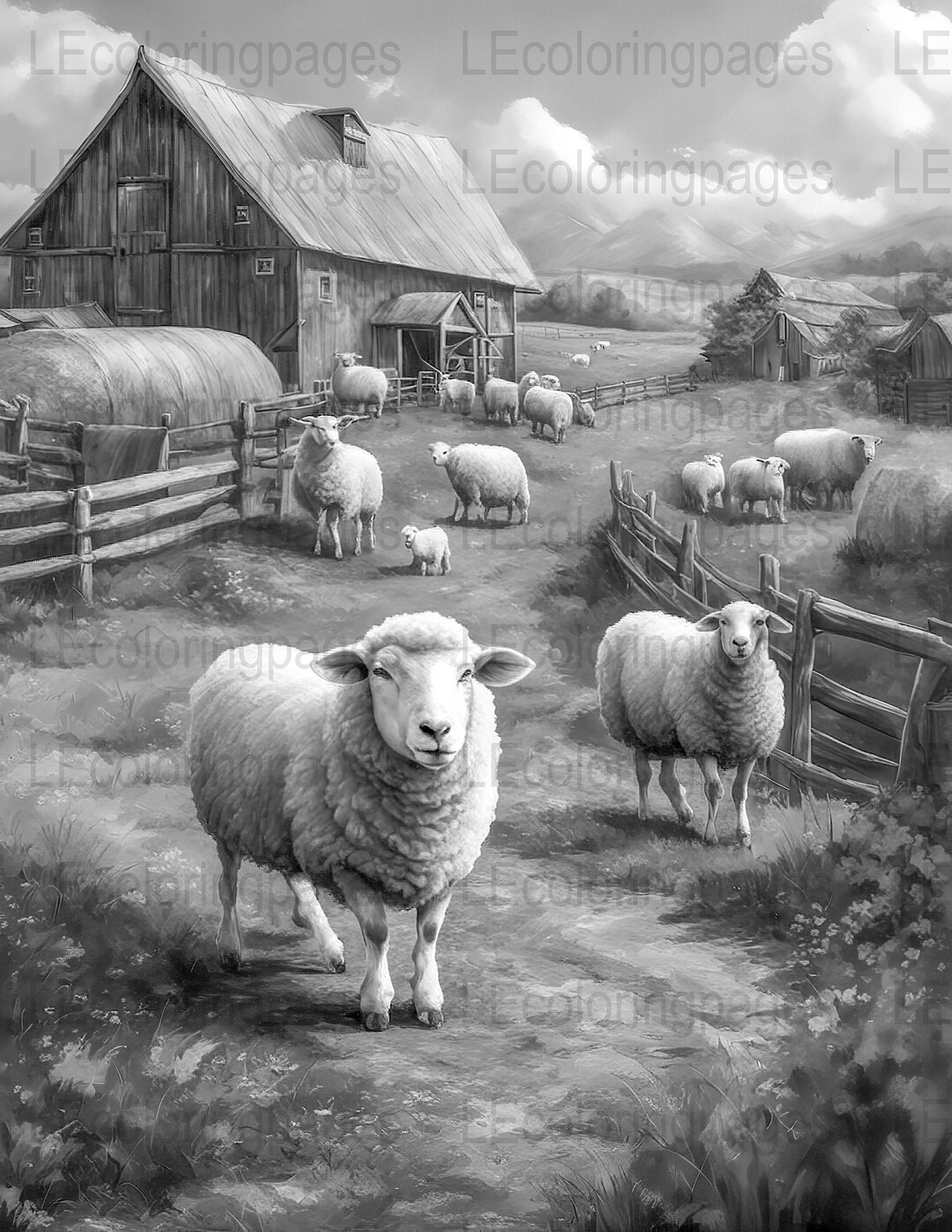 Adult Coloring Page, Rustic Farm Scene, Grayscale Sheep Barn, Country ...