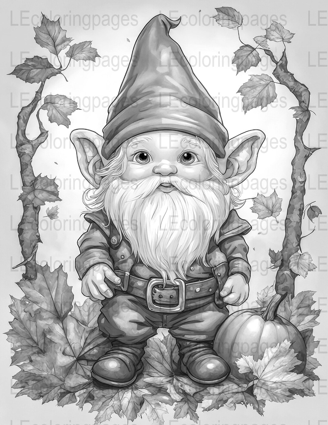 Autumn Gnome Grayscale Coloring Page for Adults 84 Printable Instant ...