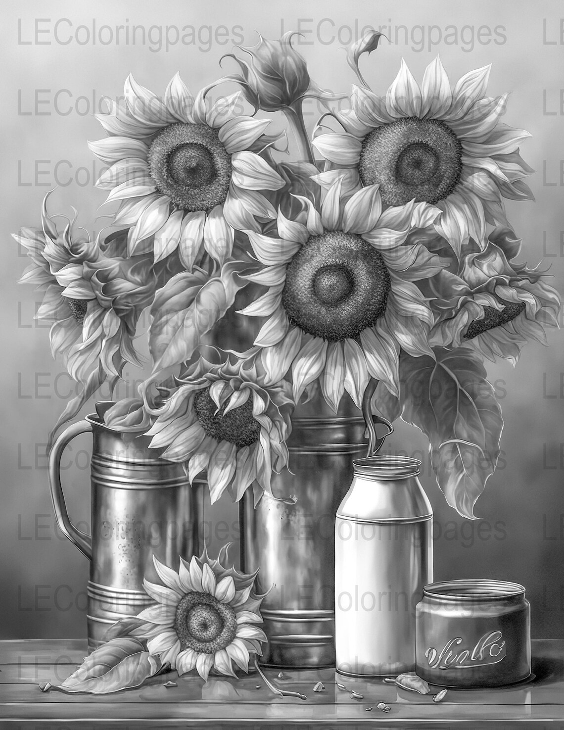 Sunflowers Grayscale Coloring Page for Adults #32 Instant Download ...