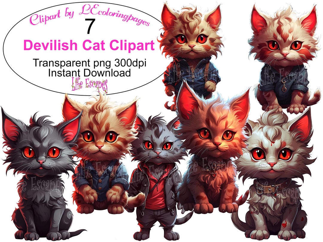 Devilish Cat Clipart Set, 7 PNG Files, Transparent Background, 300dpi, Instant Download ...