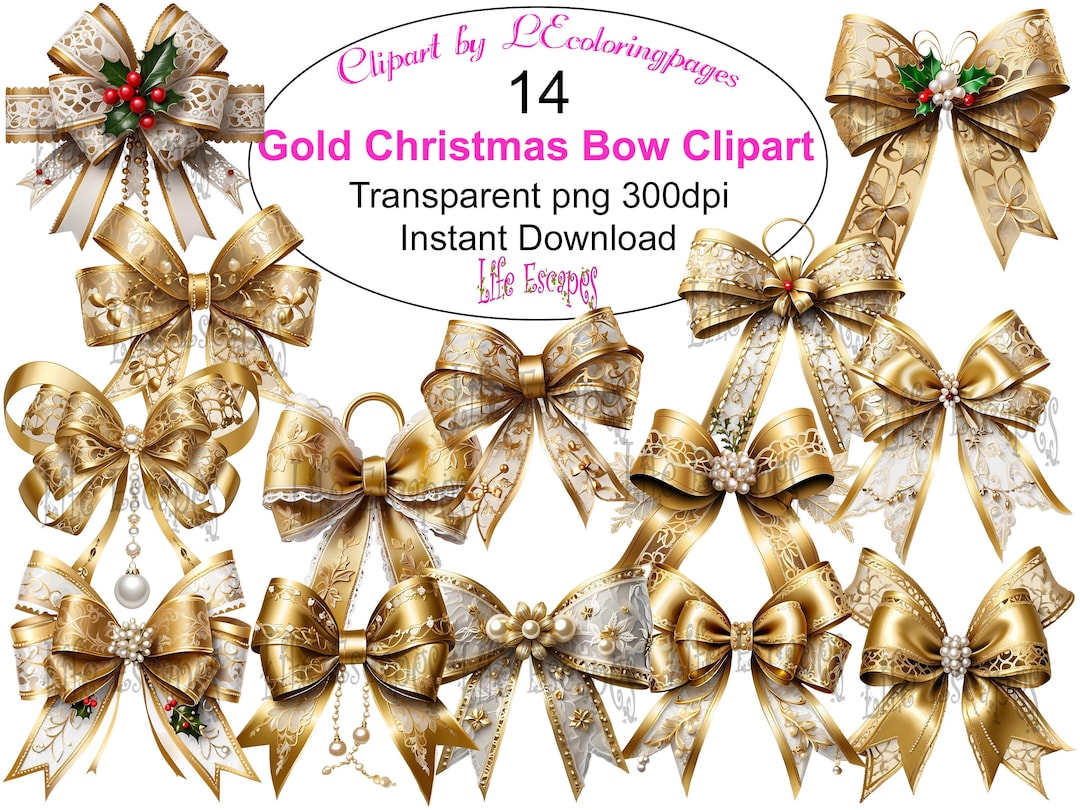 Gold Christmas Bow Clipart Set, 14 Transparent PNG Cliparts, Instant ...