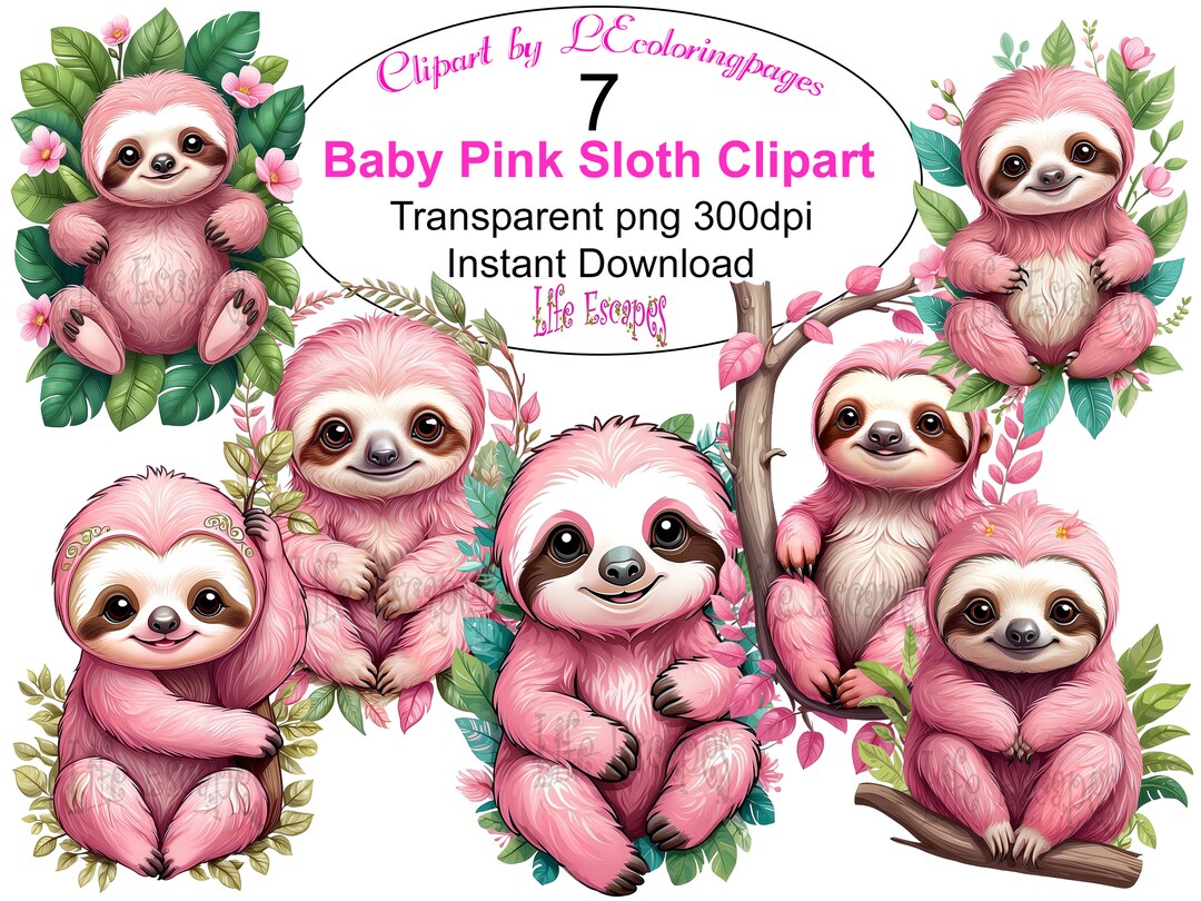 Baby Pink Sloth Clipart Set, Cute Nursery Animal Printable, Instant ...