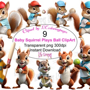 Baby Squirrel Sports Clipart, Cute Cartoon Playing Ball, Commercial Use ...
