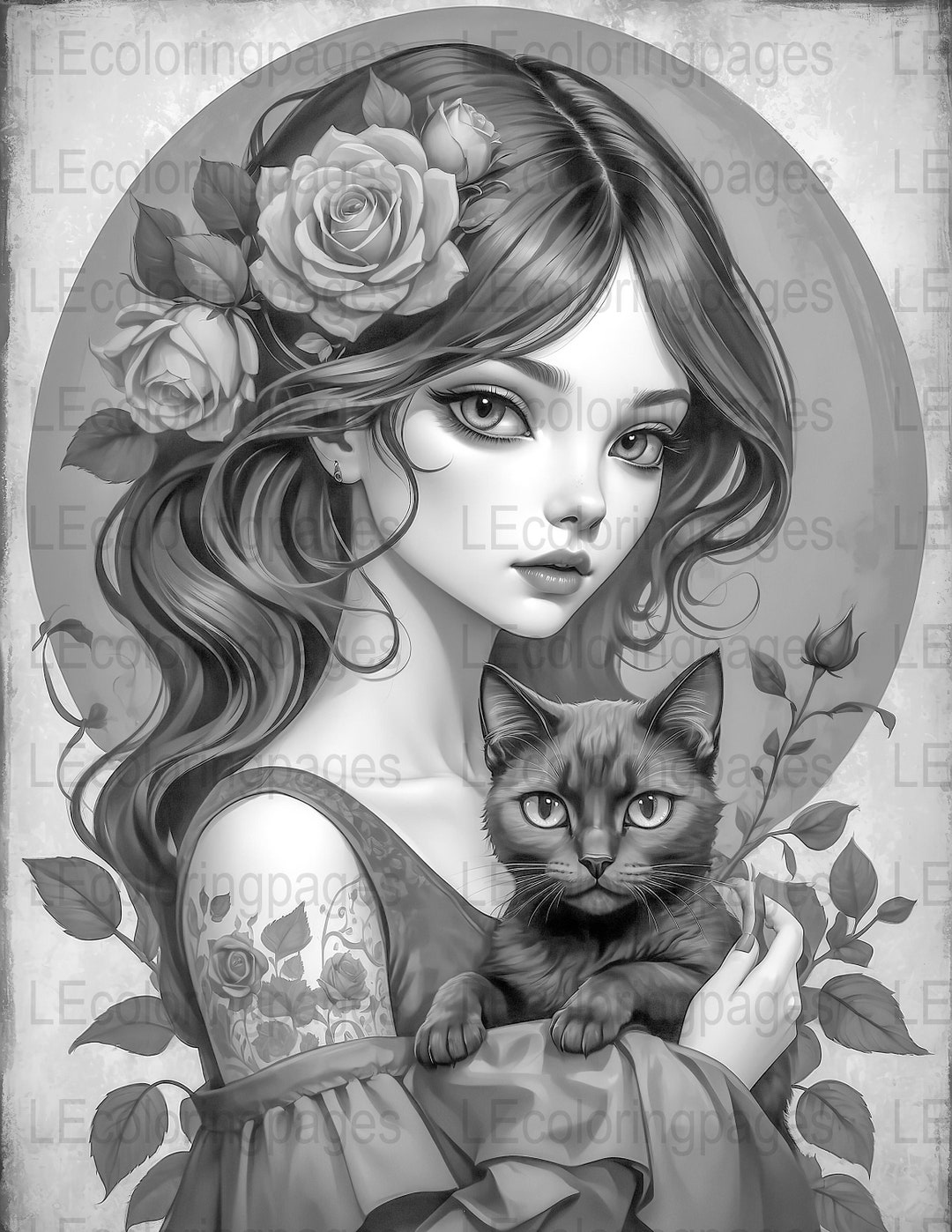 Gothic Cat Girl Grayscale Coloring Page for Adults #56 - Instant ...