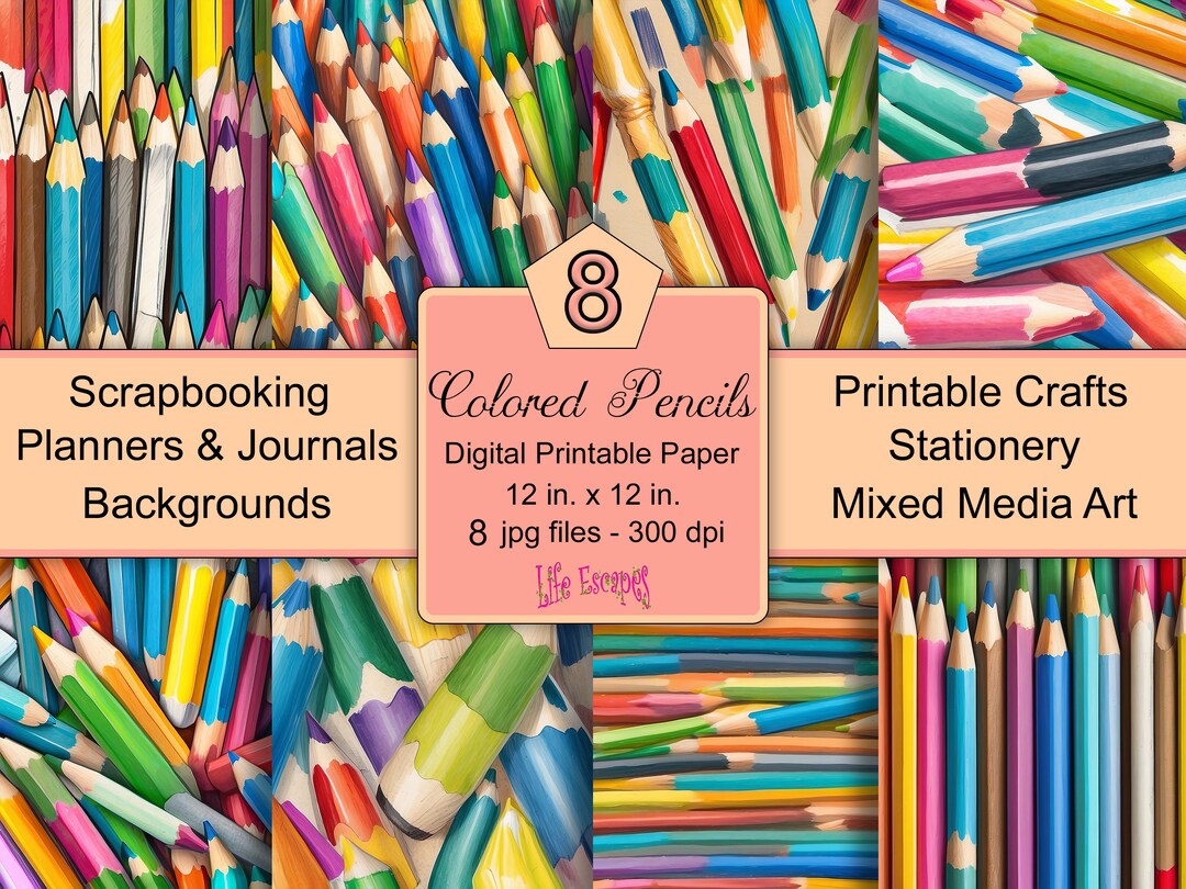 Colored Pencils Digital Paper Pack, Scrapbooking Backgrounds, Printable ...